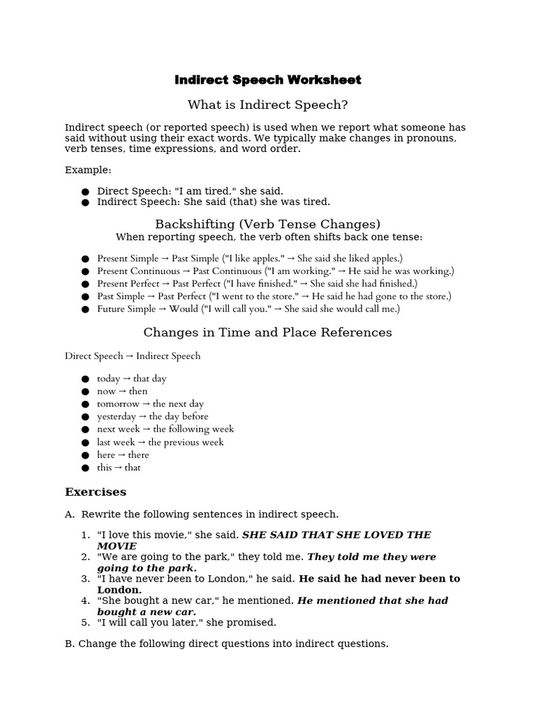 Indirect Speech - Reporting Verbs Worksheet | PDF | Syntax | Language ...