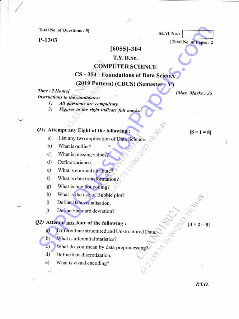BSC - Computer Science Cs - Semester 5 - 2023 - April - Foundations of Data Science 2019 Pattern ...