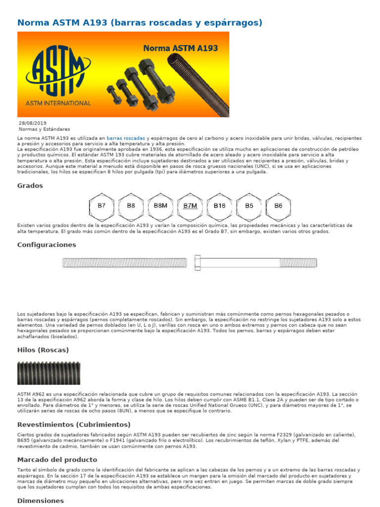 Norma ASTM A193: Espárragos y Sujetadores | PDF | Tornillo | Acero