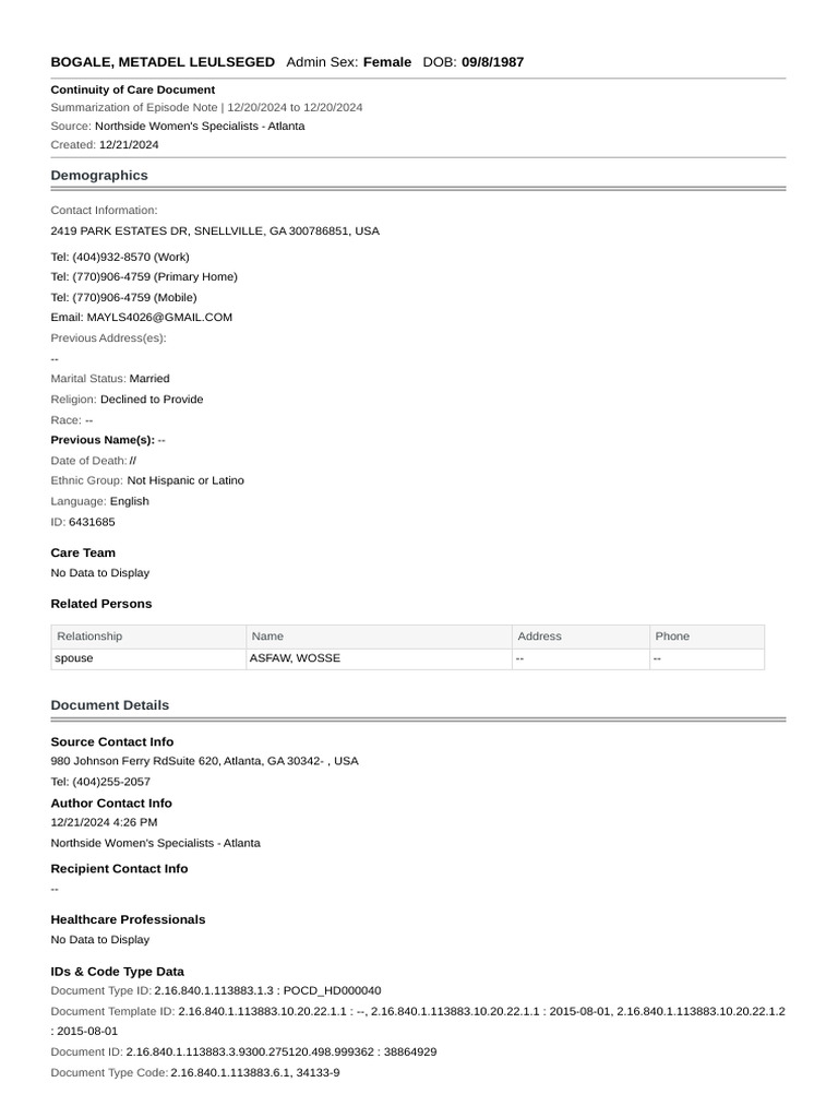 METADEL BOGALE Health Summary 12202024 | PDF | Pregnancy | Medical Specialties