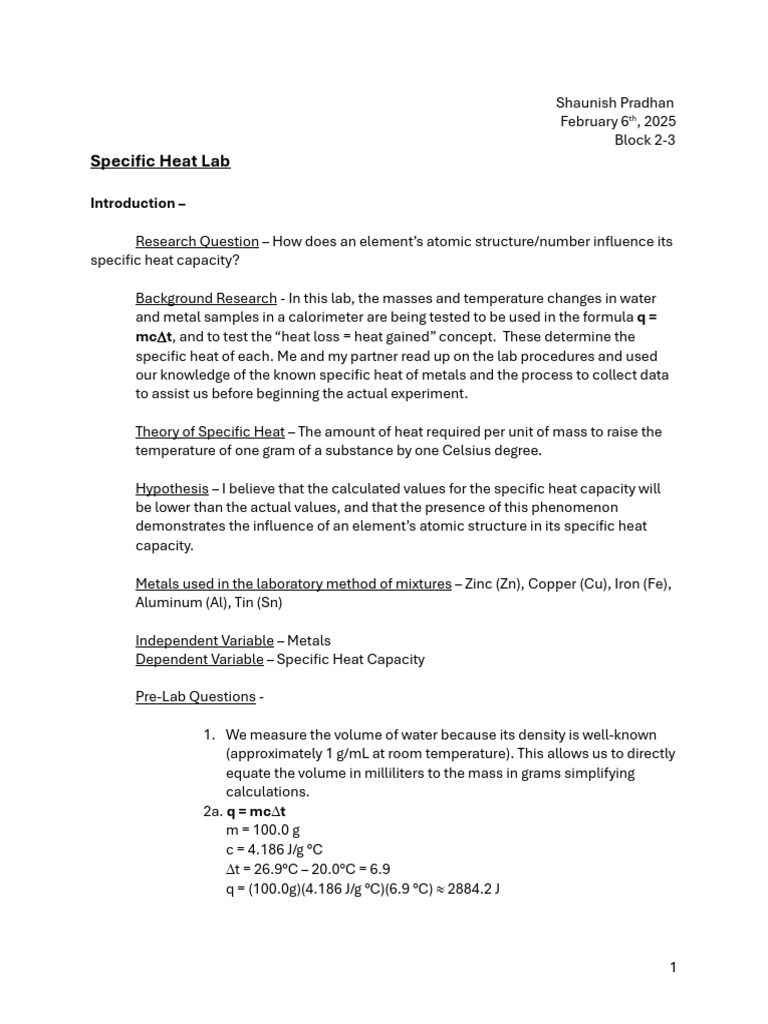 Specific Heat Lab - Schroeder | PDF | Heat | Heat Transfer
