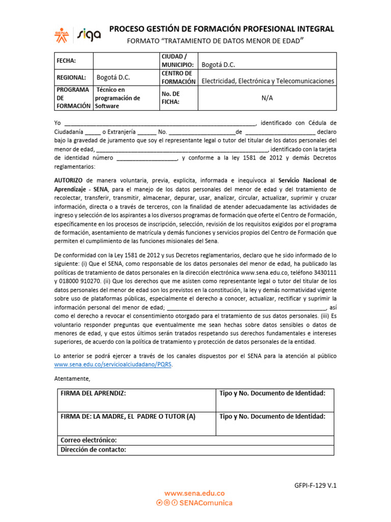 GFPI-F-129 Formato Tratamiento de Datos Menor de Edad Prog | PDF