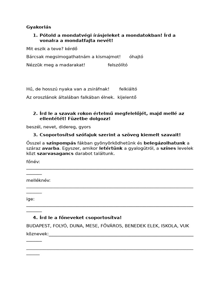 Gyakorlás nyelvtan 4.osztály | PDF