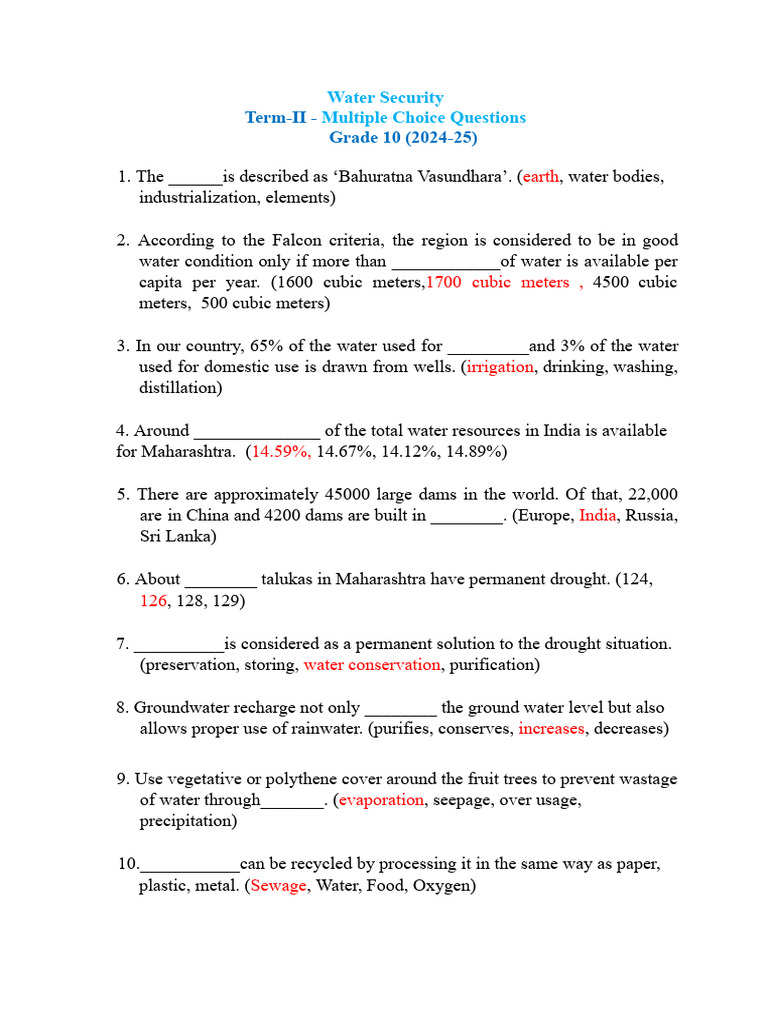 Grade 10 Water Security MCQs | PDF | Water | Groundwater