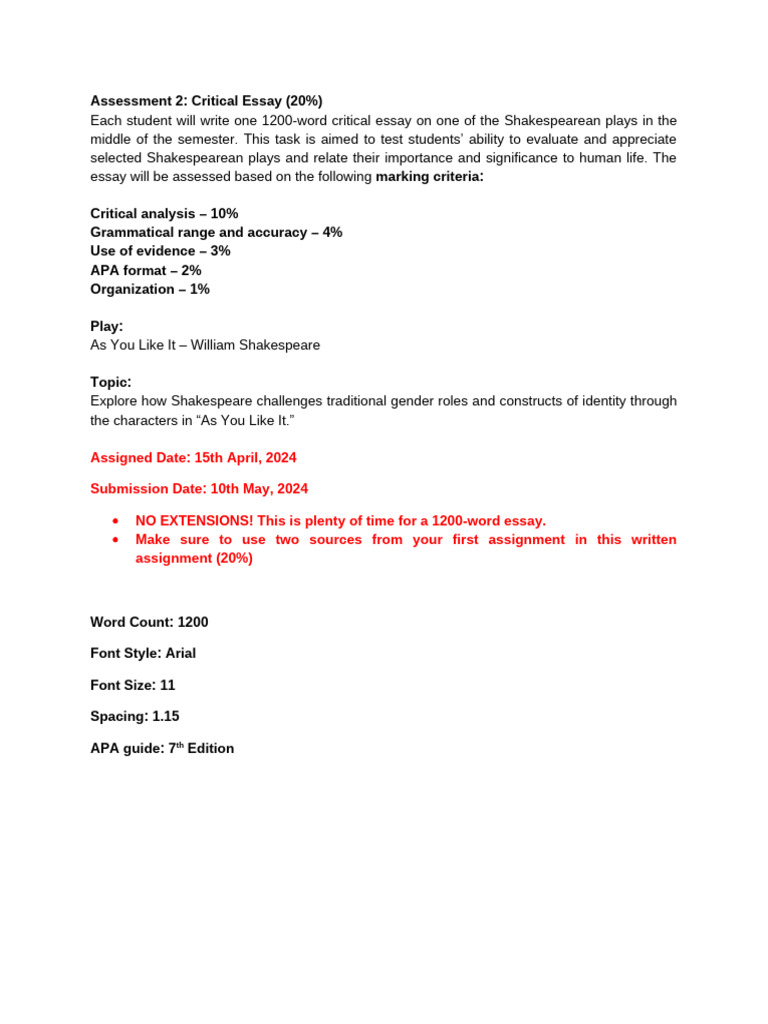 Assignment 2 - Critical Essay (20%) | PDF