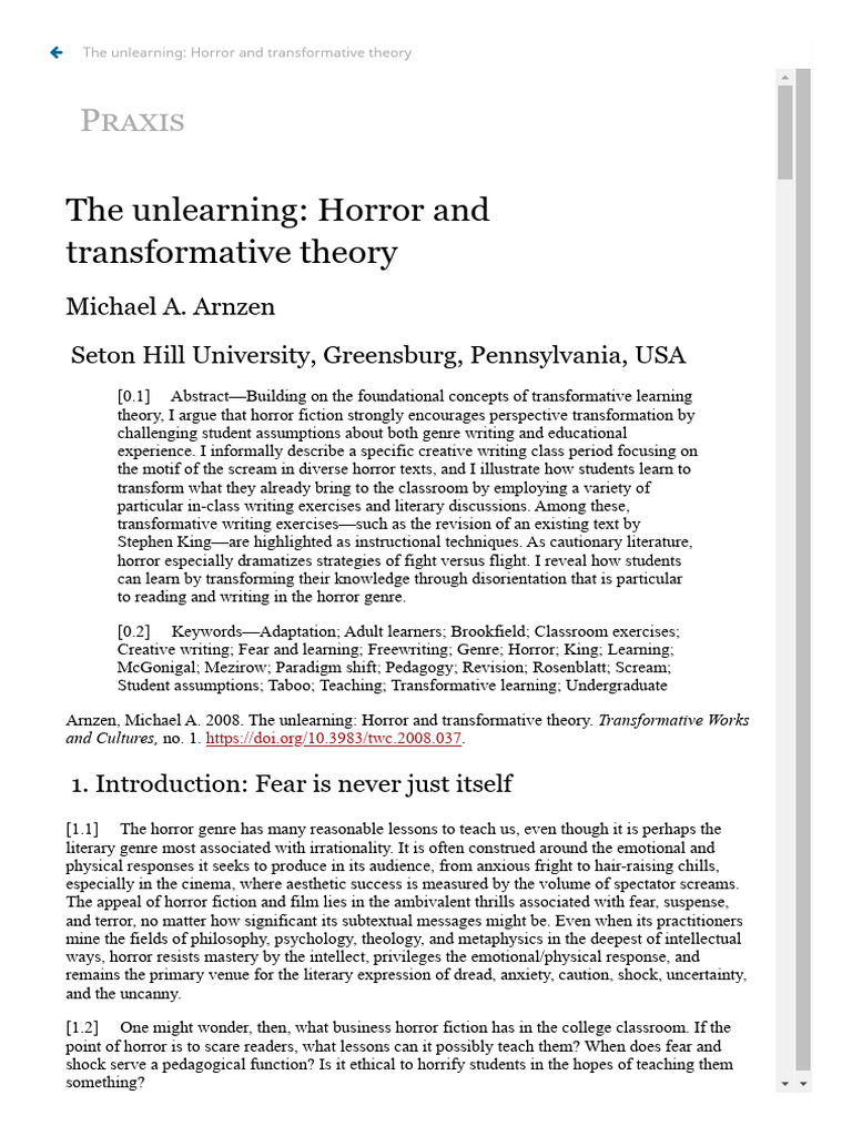 The Unlearning - Horror and Transformative Theory - Transformative Works and Cultures | PDF ...