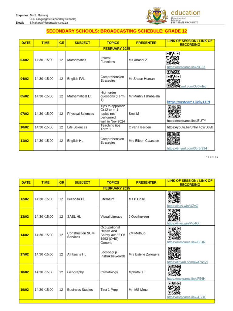 Grade 12 & 8 Broadcasting Schedule | PDF