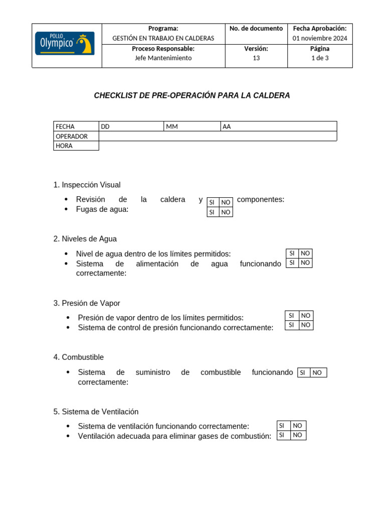 CHECKLIST Caldera | PDF | Agua | Vapor