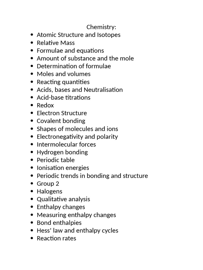 Topics list ( Year 12 maths phys) + full chem | PDF | Trigonometric Functions | Chemical Reactions