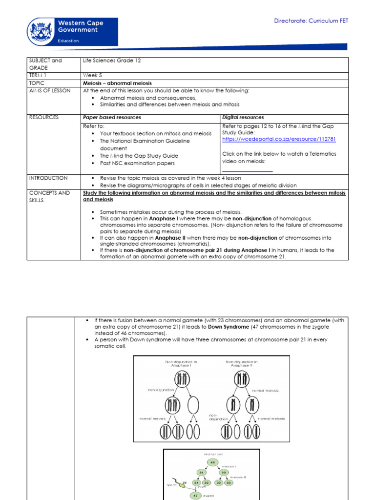 Life Sciences Grade 12 Term 1 Week 5-2021 | PDF | Meiosis | Mitosis