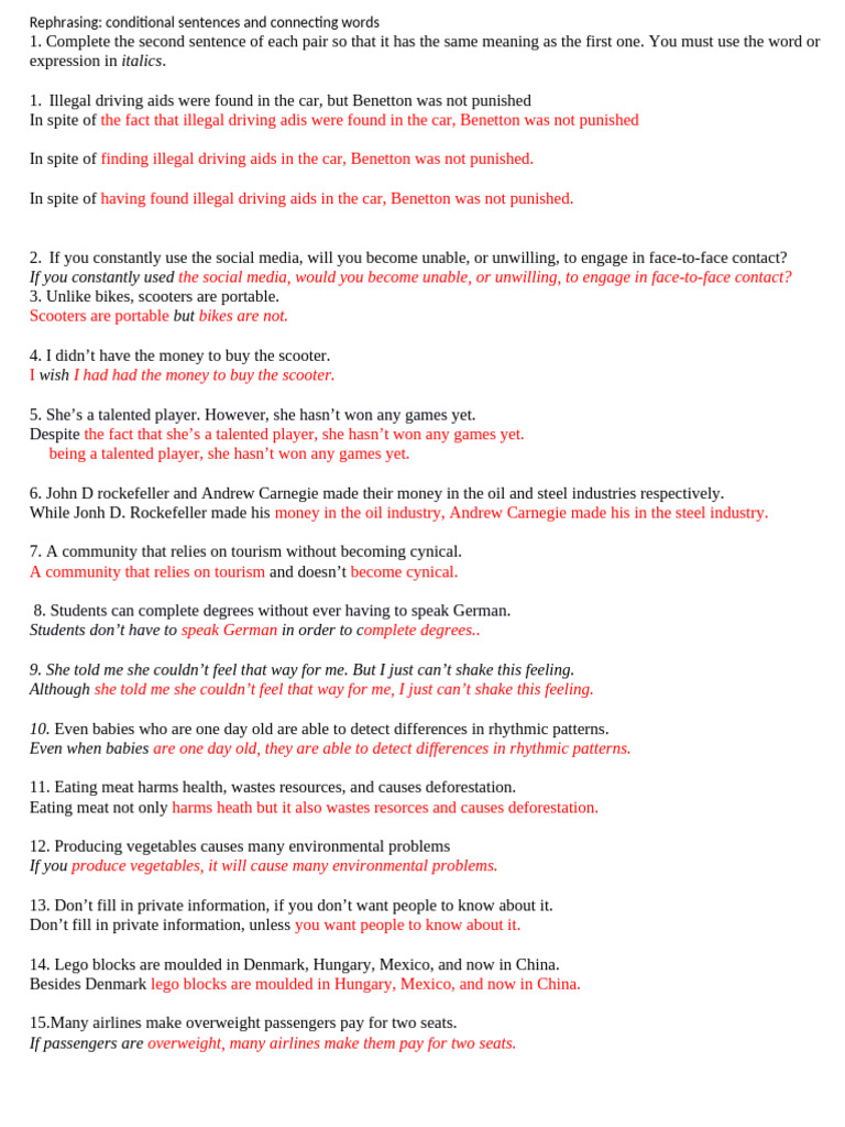 Rephrasing Conditionals, Connectors and Wish ANSWER KEY 2024 25 | PDF