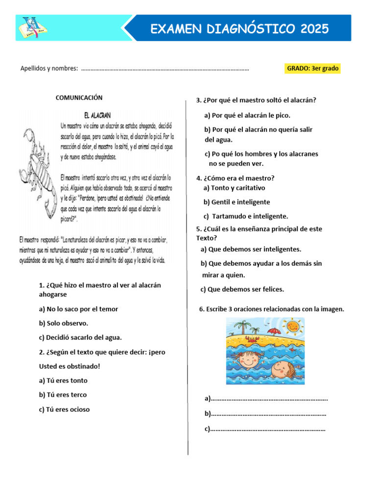 Examen Diagnóstico 3er Grado 2025 | PDF