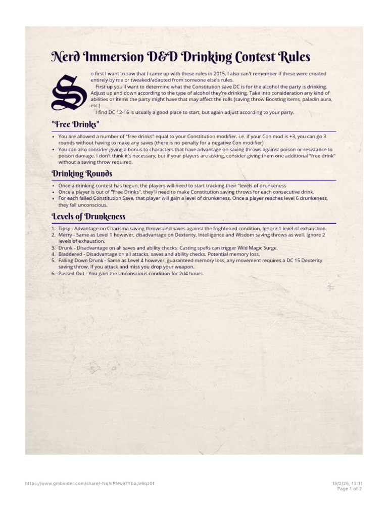 D&D Drinking Game Rules - GM Binder | PDF