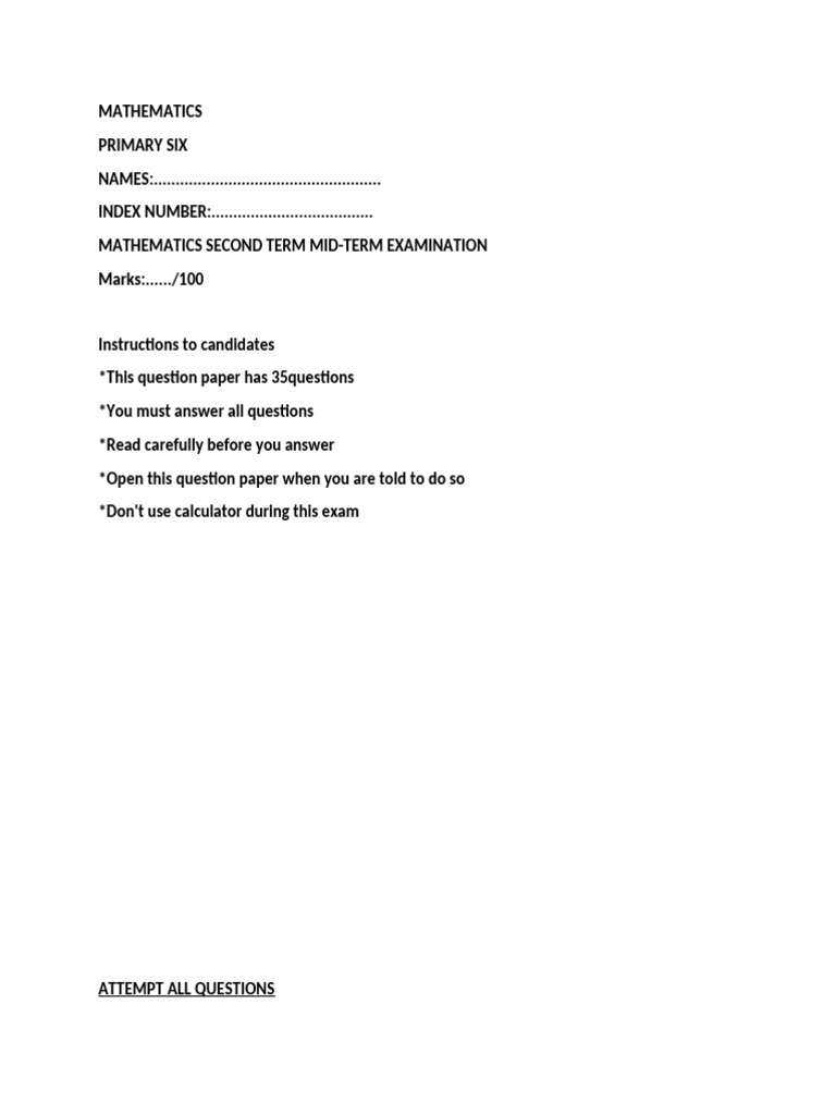 Primary Six Mathematics Mid-Term Exam | PDF