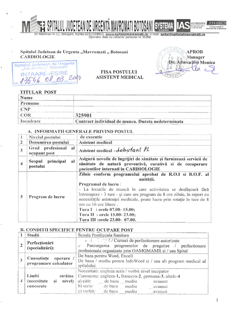Fisa Postului Asistent Medical Cardiologie | PDF