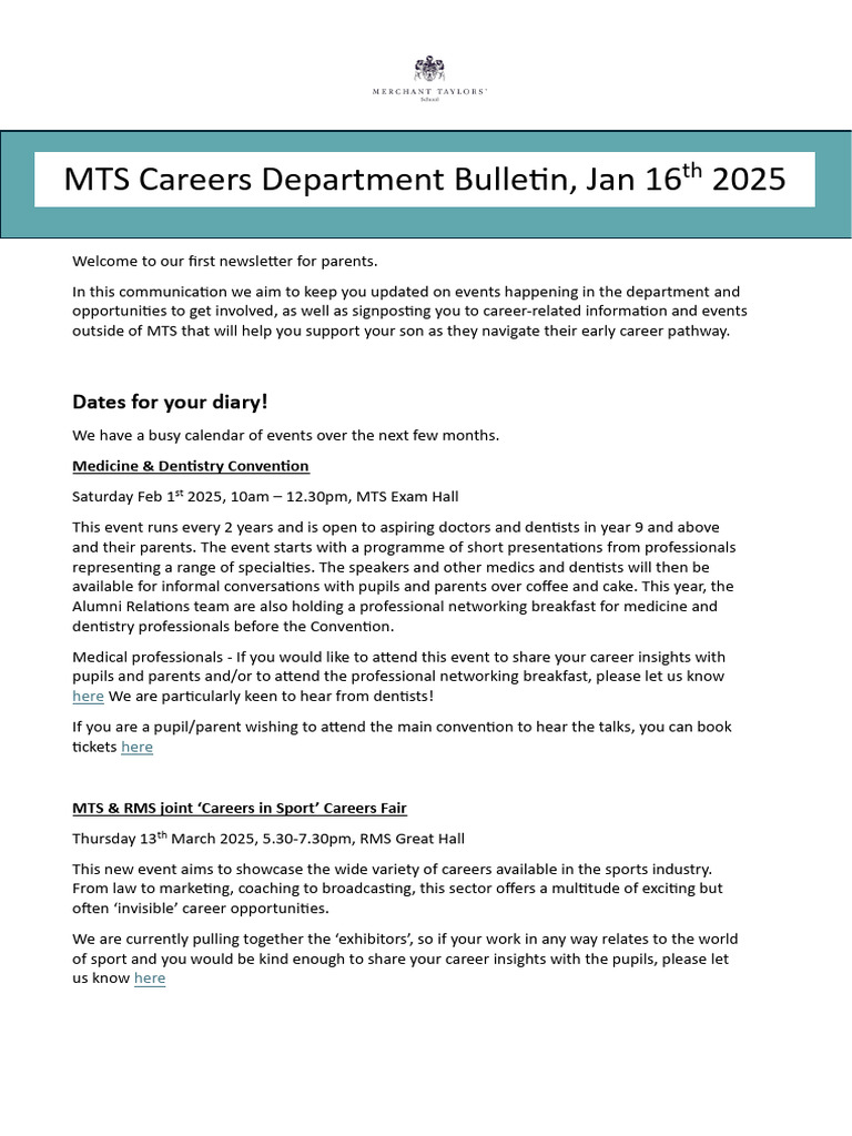 MTS Parent Newsletter: Career Events 2025 | PDF