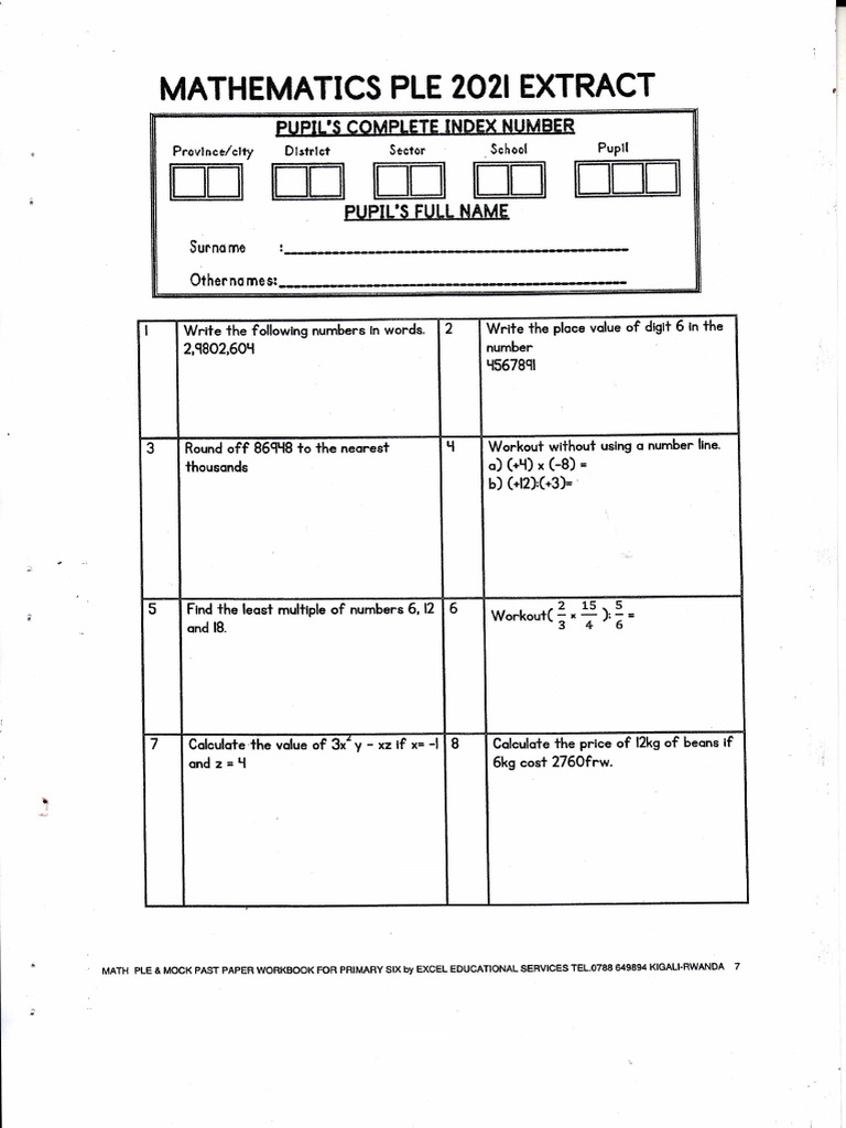 PLE Mathematics Past Paper 2021 | PDF
