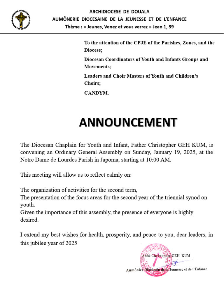 Diocesan Youth Assembly Announcement 2025 | PDF