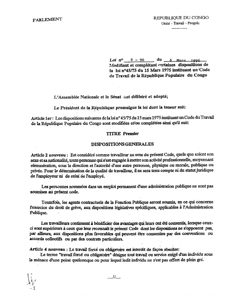 Code Du Travail Congo Loi 1996 06 | PDF