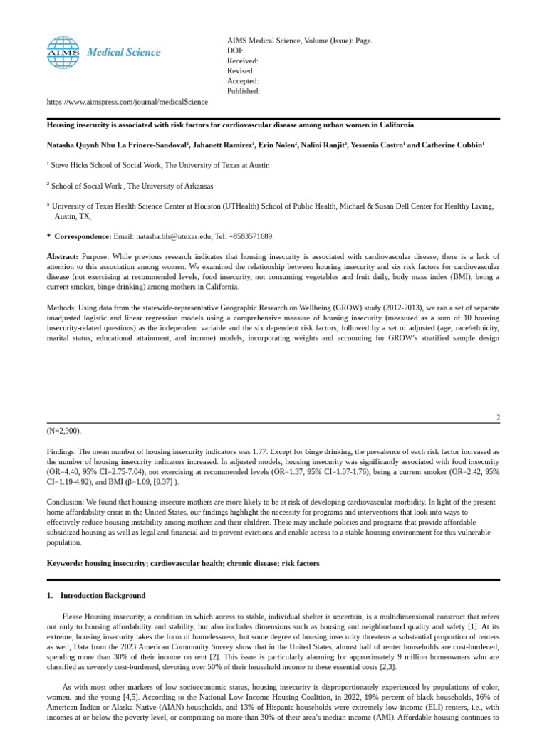 Housing Insecurity and Women's Heart Health | PDF | Affordable Housing ...
