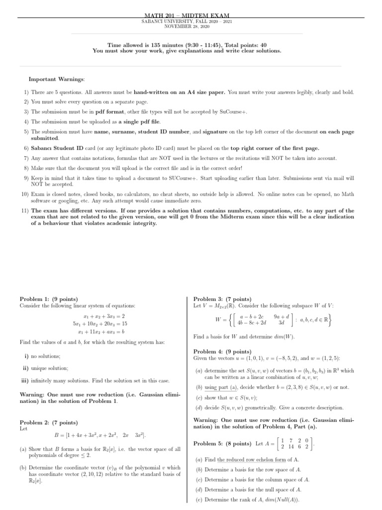 MATH 201 Midterm Exam 2.pdf-3 | PDF | Linear Subspace | Linear Algebra