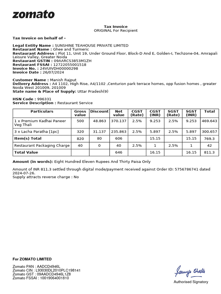 Restaurant Tax Invoice Format 2024 | PDF | Taxes | Payments