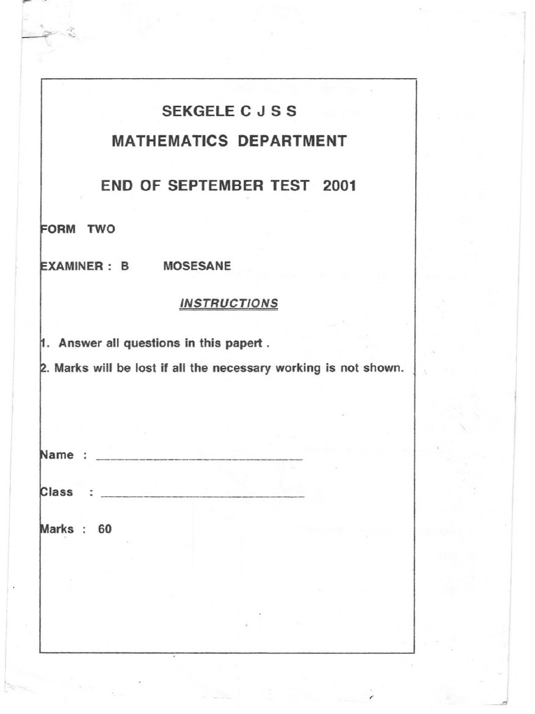 Mathematics JCE Form 2 July Test | PDF