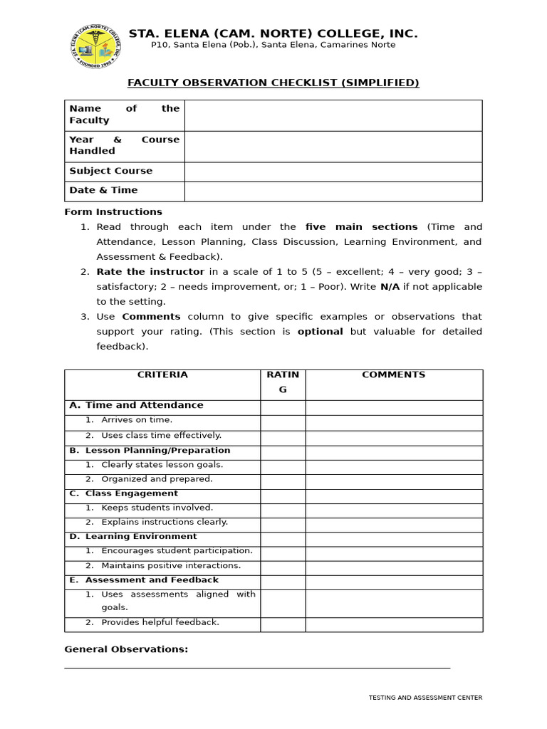 Teacher Observation Checklist | PDF