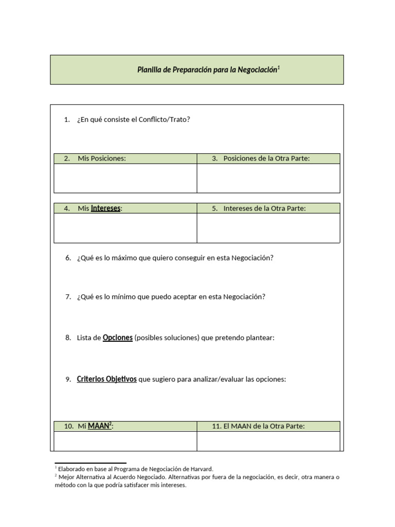 Planilla de Preparación de La Negociación | PDF