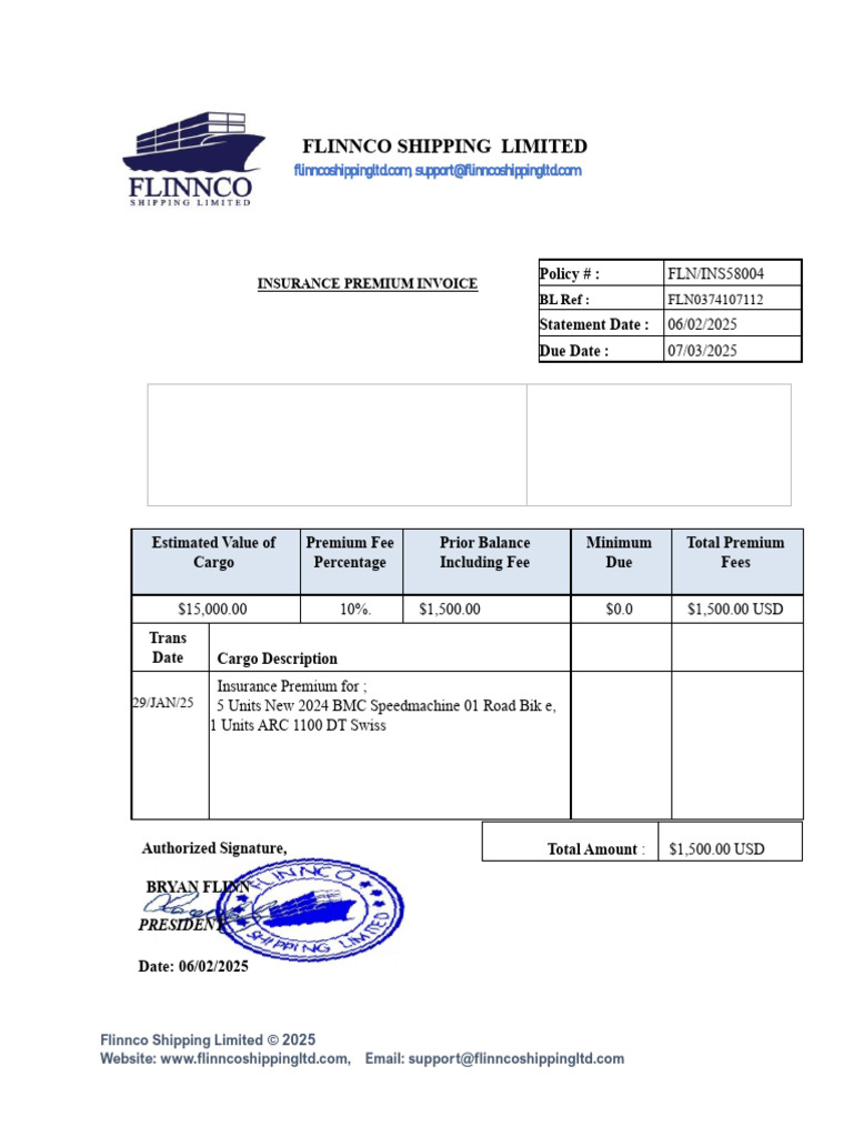 Flinnco Shipping Insurance Invoice | PDF | Insurance | Private Law