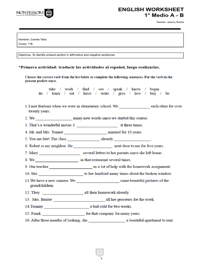 1°M INGLÉS Handout 1 Present Perfect | PDF