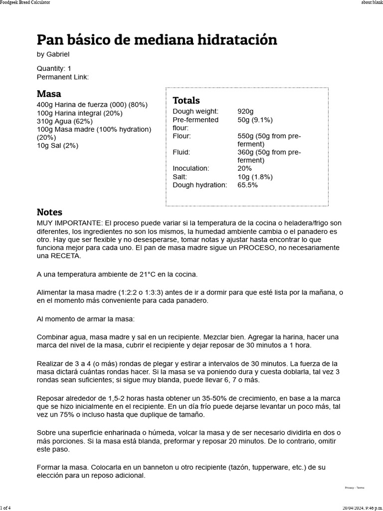 Pan Básico Mediana Hidratación - Receta de Gabriel | PDF | Panes | De ...