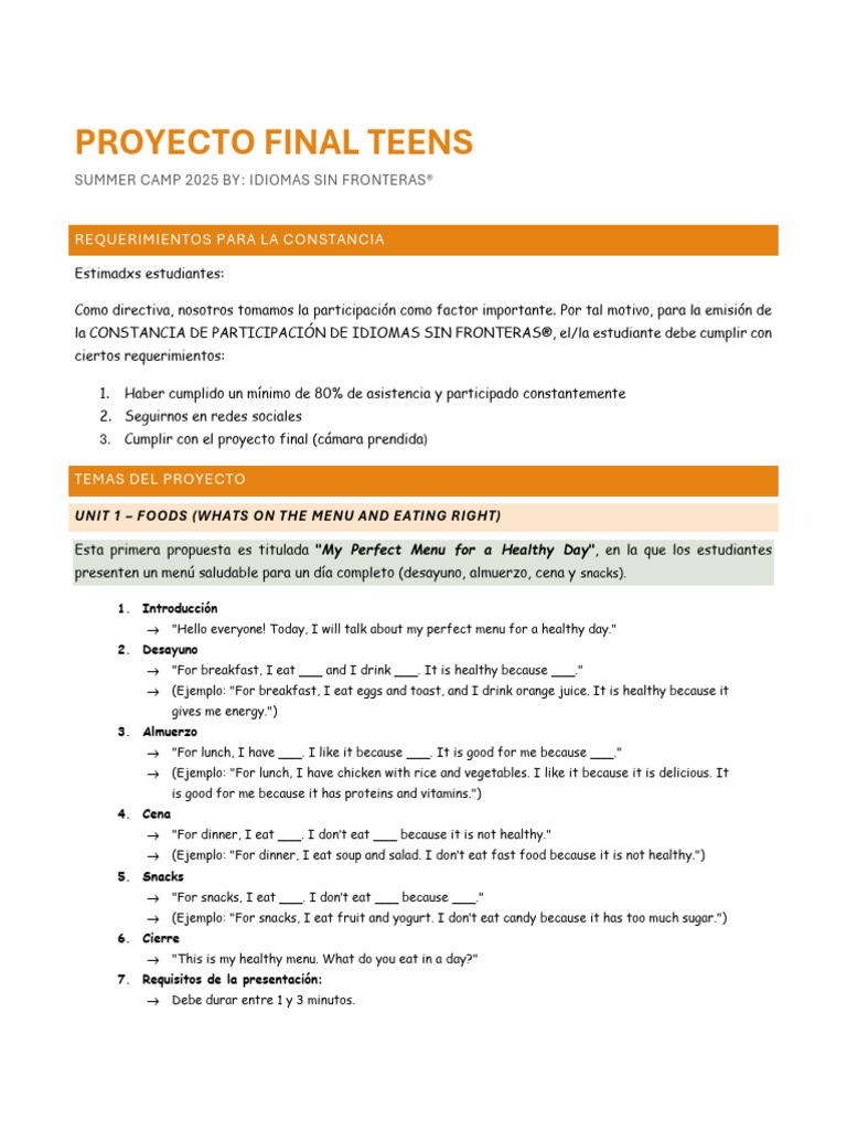 Proyectos Final Summercamp Teens | PDF | Lingüística | Gramática