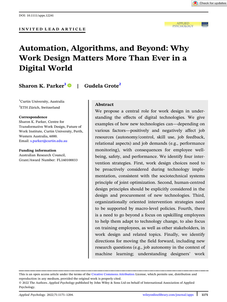 Applied Psychology - 2020 - Parker - Automation Algorithms and Beyond ...