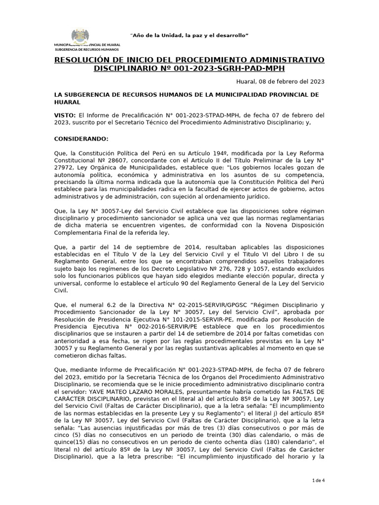 Proyecto de Resolucion de Inicio de Pad - Yavet Lazaro N°001-2023 | PDF ...