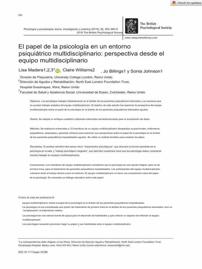 Psychol Psychother - 2018 - Wood - The role of psychology in a ...