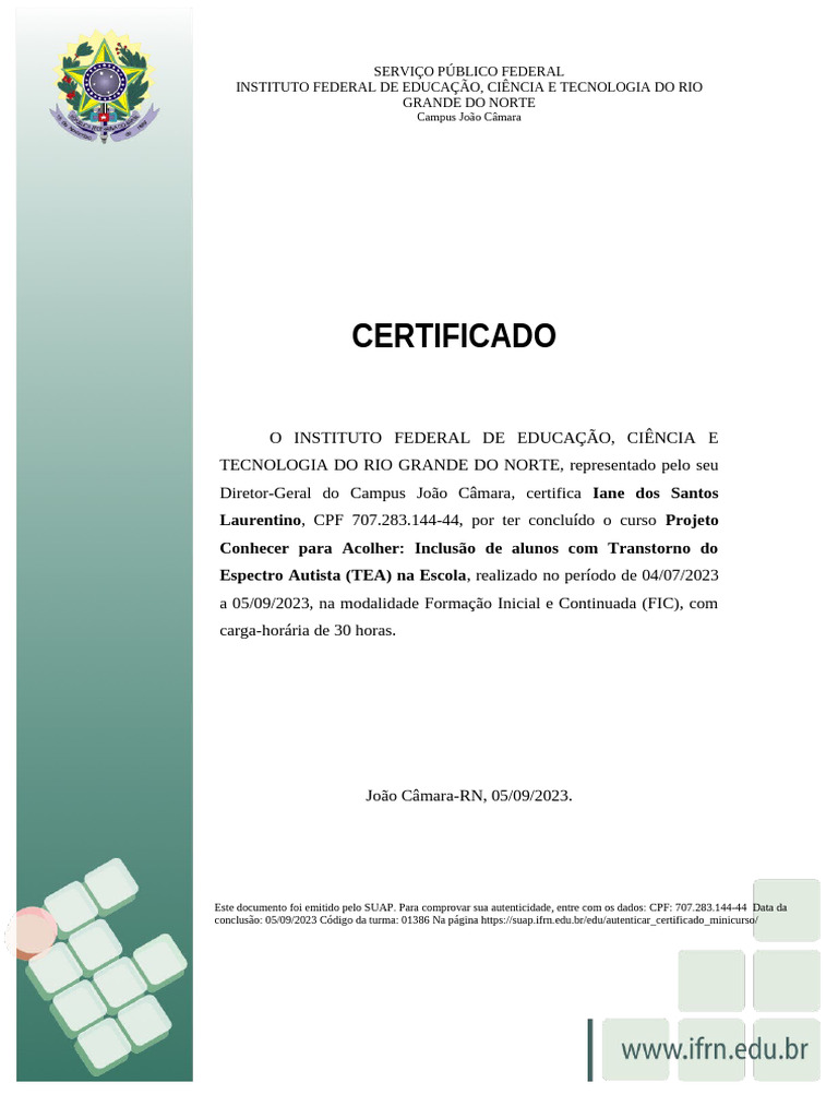 Certificado Inclusão TEA IFRN 2023 | PDF