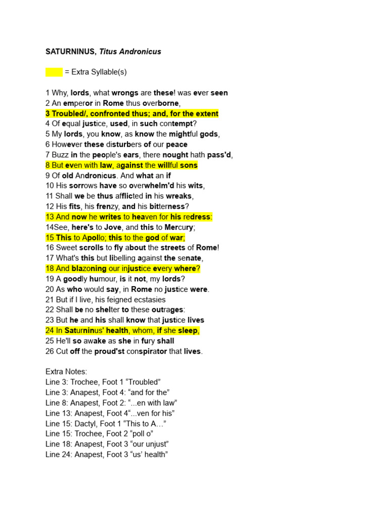 SATURNINUS, Titus Andronicus Scansion | PDF