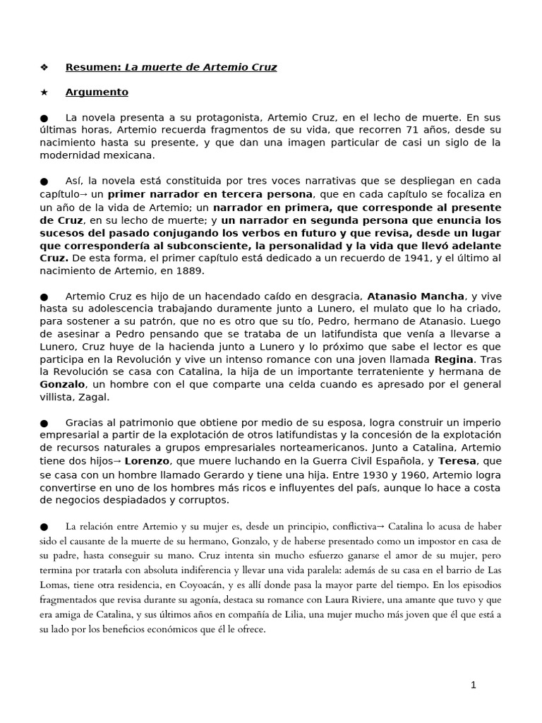 Resumen - La Muerte de Artemio Cruz | PDF