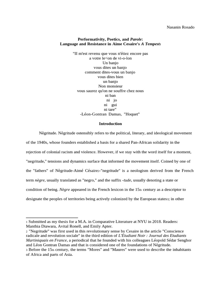 Performativity, Poetics, and Parole- Language and Resistance in Aimé Césaire’s A Tempest | PDF