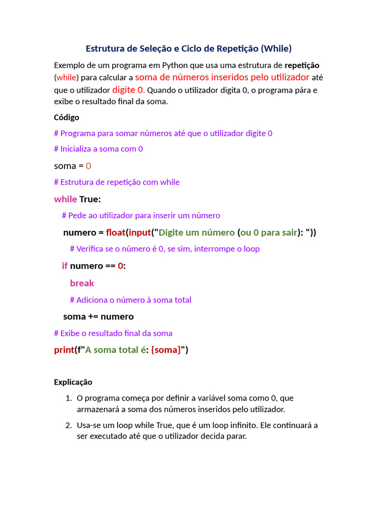 Soma De Números Com While Em Python Pdf