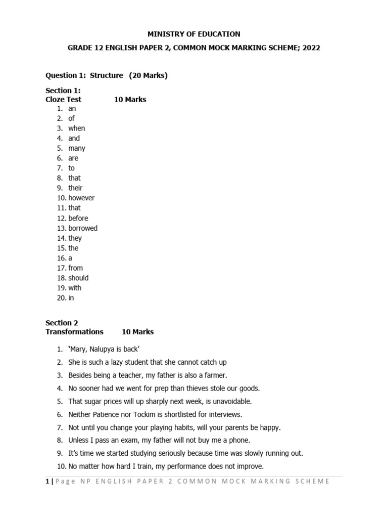 g12 - English Paper 2 Marking Scheme | PDF