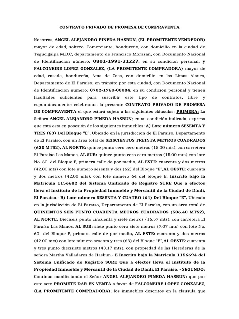 Contrato Privado de Promesa de Venta Falconeire Lopez | PDF
