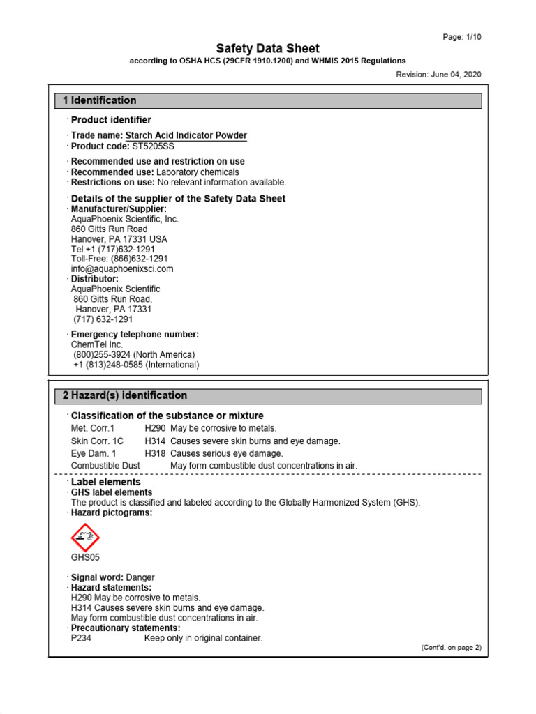Starch Acid Indicator SDS | PDF | Chemistry | Occupational Safety And ...
