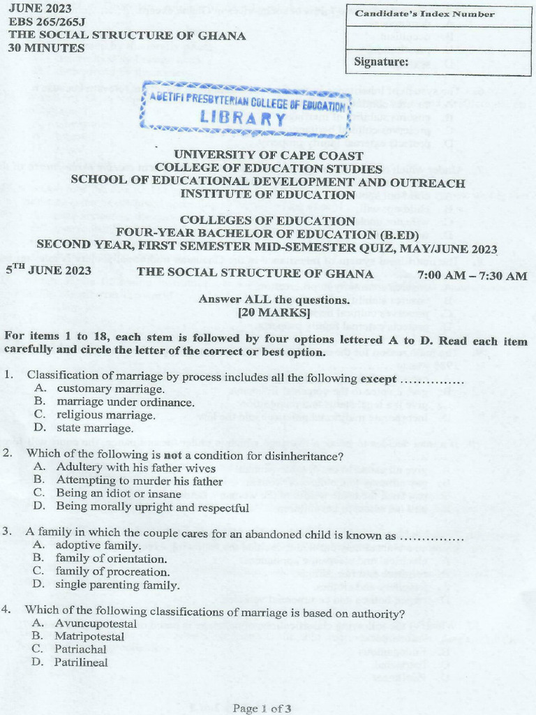 The Social Structure of Ghana. EBS 265J. First Sem Midsem Quiz - 0001 2 ...