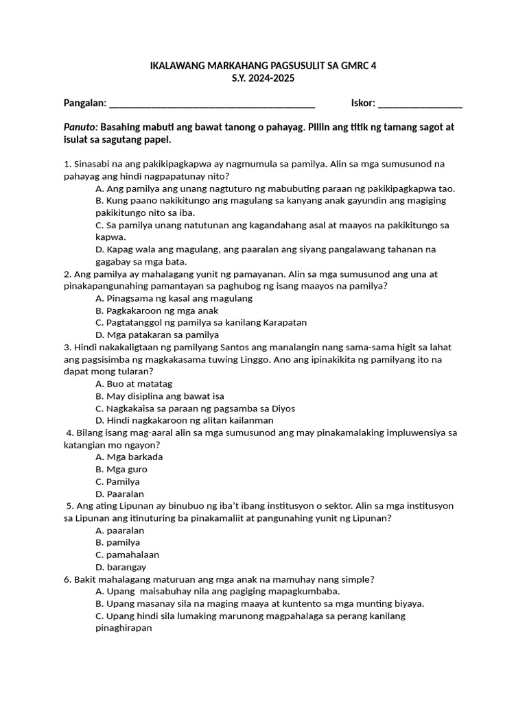 Ikalawang-Markahang-Pagsusulit-Sa-Gmrc-4 (1) Final | PDF