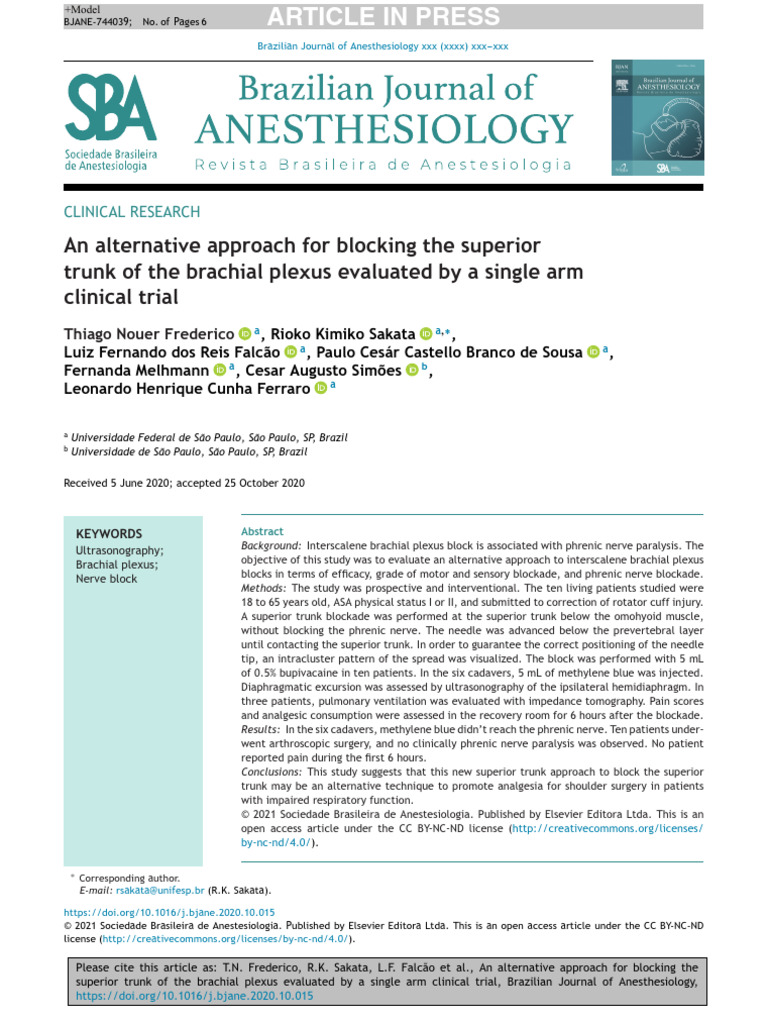 An Alternative Approach For Blocking The Superior Trunk of The Brachial ...