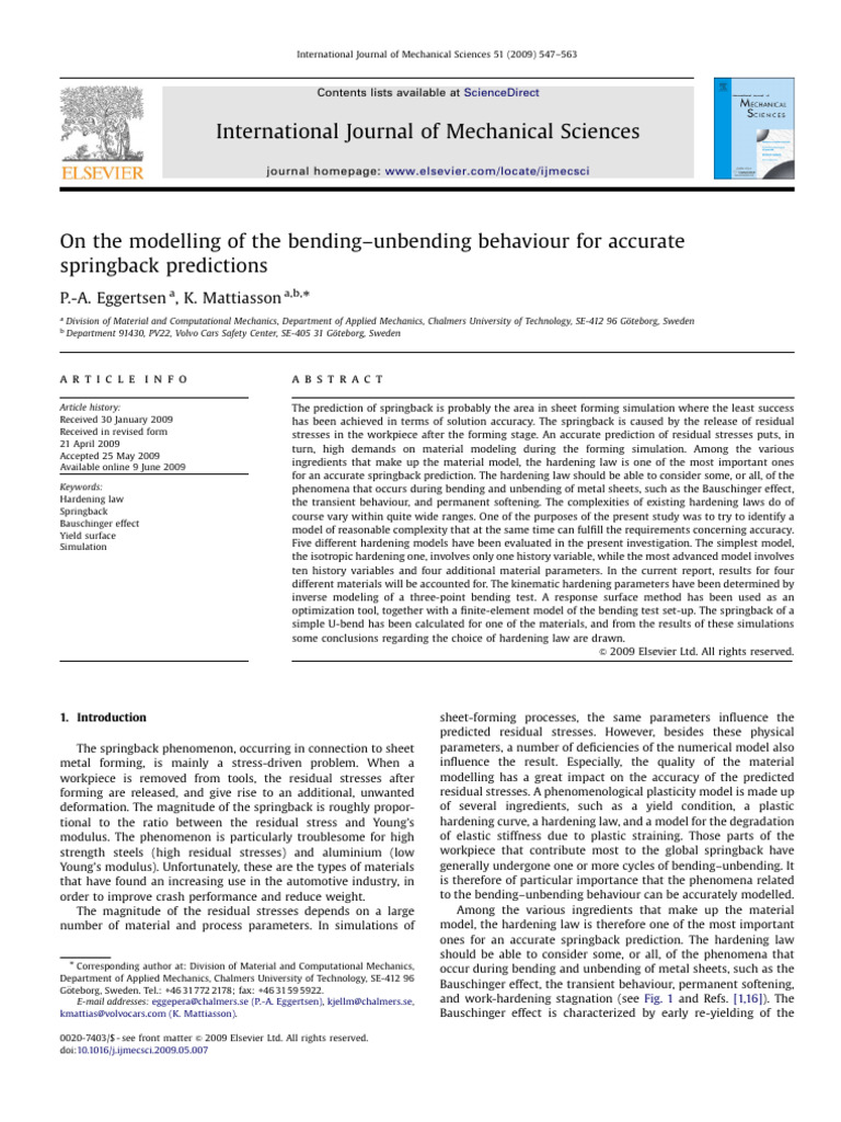 On the modelling of the bending–unbending behaviour for accurate springback predictions | PDF ...