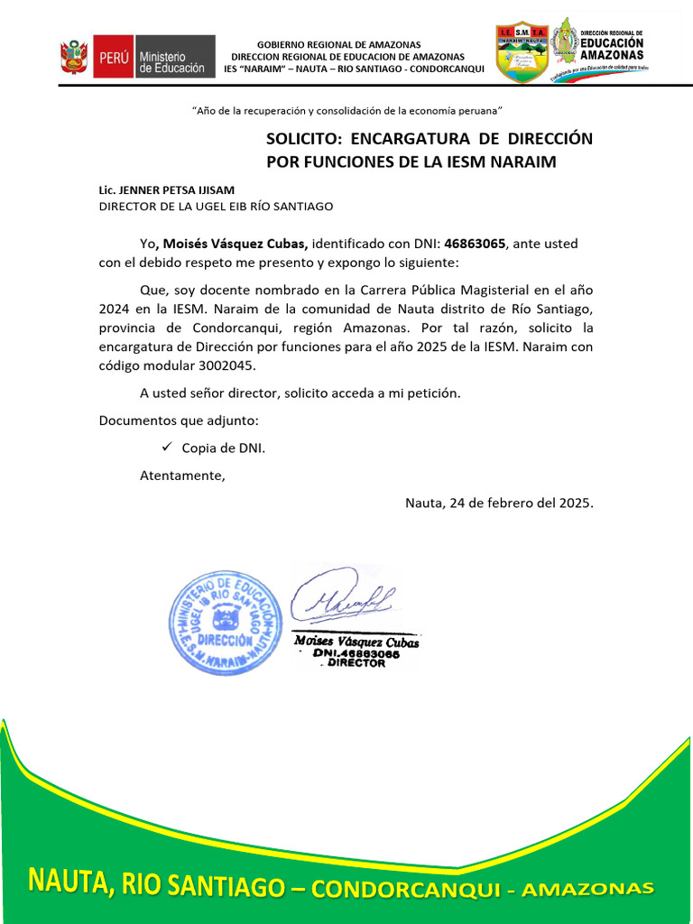 Solicitud de Encargatura IESM Naraim | PDF
