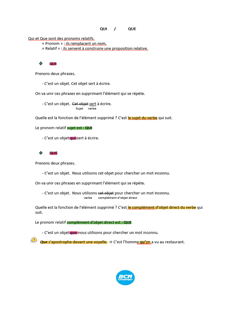 Usage des pronoms relatifs "Qui" et "Que" | PDF